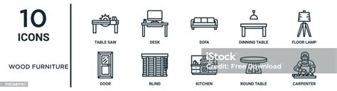 목재 가구 개요 아이콘 세트에는 얇은 라인 테이블 톱 소파 플로어 램프 블라인드 원형 테이블 목수 보고서 프리젠 테이션