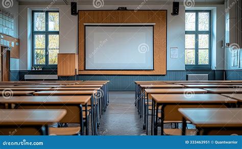Generative Ai Classroom Interior With White Board Projection Screen And Wooden Desks Business