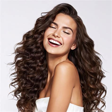 Beautiful Laughing Brunette Model Girl With Long Curly Hair Smiling Woman Hairstyle Premium Ai
