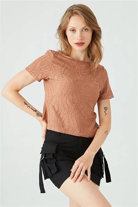 Tan Zig Zag Jacquard Top Textured Everyday Style Select Fashion