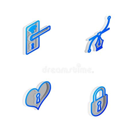 Set Isometric Line Bezier Curve Digital Door Lock With Wireless Heart Keyhole And Lock Icon