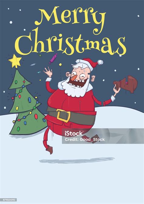 재미 있는 산타 클로스와 크리스마스 카드입니다 산타는 선물을 제공 하 고 공중에 사탕을 던져 크리스마스 트리 눈 덮인 날씨입니다 수직 벡터 일러스트입니다 글자와 문자 만화