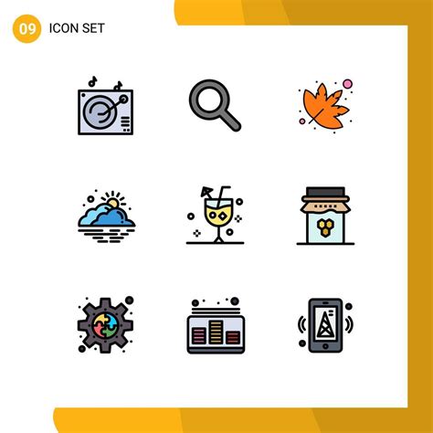 Mobile Interface Filledline Flat Color Set Of 9 Pictograms Of Drink Beverage Nature Beach Sun