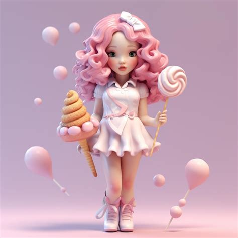 Premium Ai Image A Doll With Pink Hair And A Candy Cane And An Ice Cream Cone