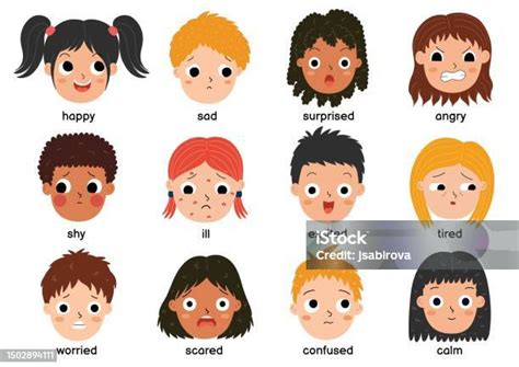 아이들의 감정은 만화 스타일로 설정됩니다 귀여운 소년 소녀 얼굴 표정 모음 걱정하는에 대한 스톡 벡터 아트 및 기타 이미지 걱정하는 사람 얼굴 아이 Istock