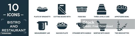 채워진 비스트로와 레스토랑 아이콘 세트 스파게티의 평평한 접시 칼이 달린 도마 음식 상자 3단계 케이크 전채 그릇 측정 항아리 나쵸 접시 손잡이가 있는 스트레이너가 들어
