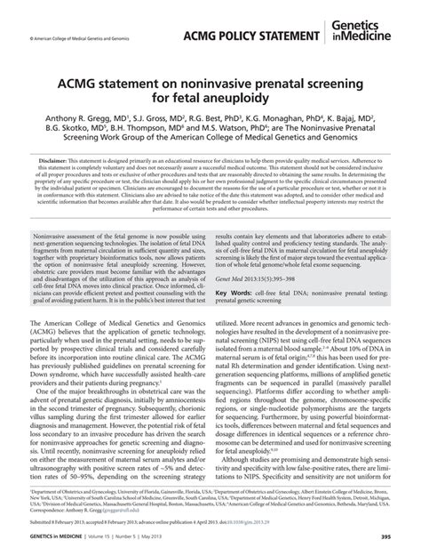 Fetal Aneuploidy Noninvasive Prenatal Screening Documentcloud