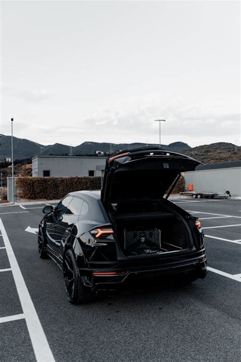 검은 차 고급 승용차 고급차 깨끗한 라인 나무 둥치 도시 경관 도시 주차장 빠른 차 세련된 차량 스포츠카 시티카 알바니아 열린 트렁크 유럽 자동