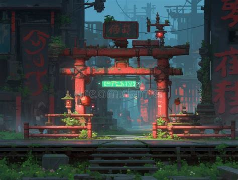 Cyberpunk Torii Gate Cityscape Stock Illustration Illustration Of