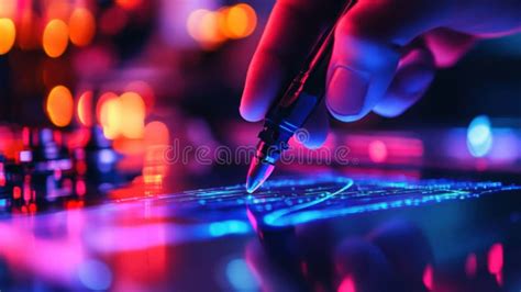 Designer Drawing Futuristic Interface with Digital Pen in Neon Lights ...
