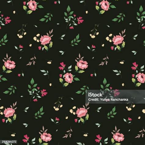 완벽 한 꽃 패턴 추상 자연 디자인 작은 꽃 큰 장미 새싹 나뭇잎 검은 배경에 꽃다발 벡터 일러스트 레이 션입니다 개화기에 대한 스톡 벡터 아트 및 기타 이미지 Istock