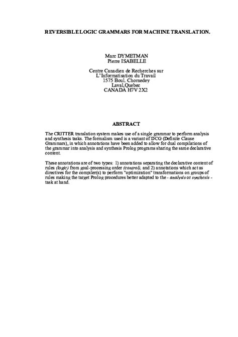 Pdf Reversible Logic Grammars For Machine Translation