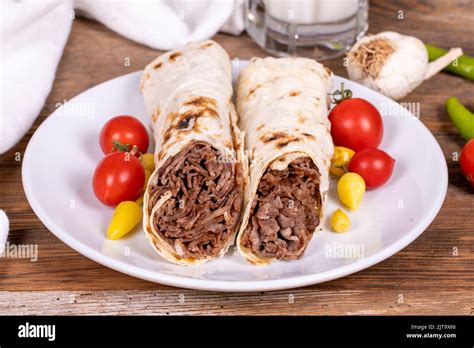Wrap Doner Kebab Meat Doner Kebab On Wooden Background Traditional Turkish Cuisine Close Up