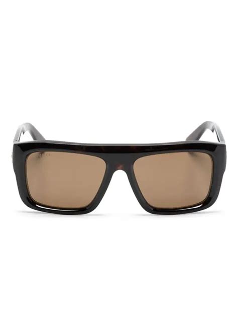 Gucci Logo Engraved Rectangle Frame Sunglasses Brown Editorialist