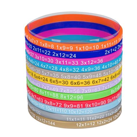 Комплект от 12 цветни образователни силиконови гривни за деца с таблицата за умножение