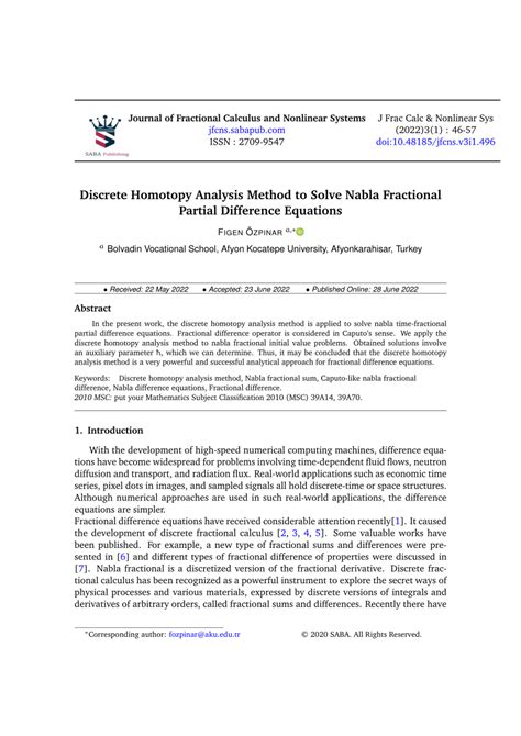 Pdf Discrete Homotopy Analysis Method To Solve Nabla Fractional Partial Difference Equations