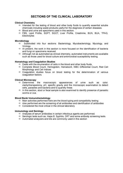 Sections Of The Clinical Laboratory Sections Of The Clinical