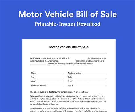 Printable Motor Vehicle Bill Of Template Pdf And Word Doc Etsy