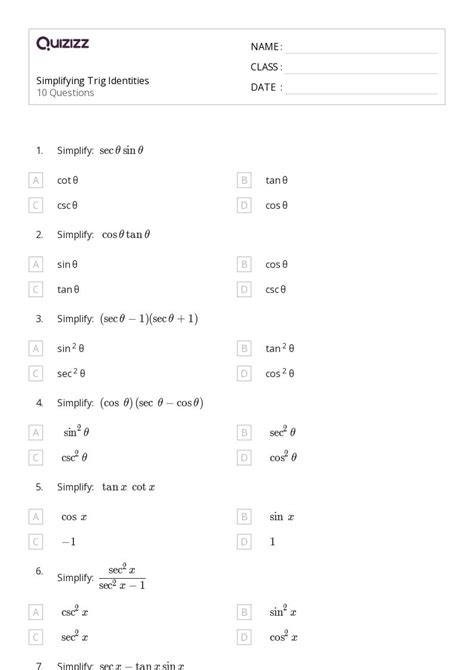 50 trigonometric ratios sin cos tan csc sec and cot worksheets for 9th
