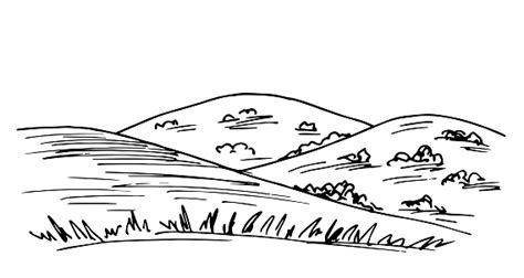 검은 윤곽선으로 손으로 그린 간단한 벡터 드로잉 산 수평선에 언덕 덤불 나무 잔디 여름 풍경 자연 국가 여행 여행 인쇄 라벨 엽서의 경우 벡터에 대한 스톡 벡터 아트 및