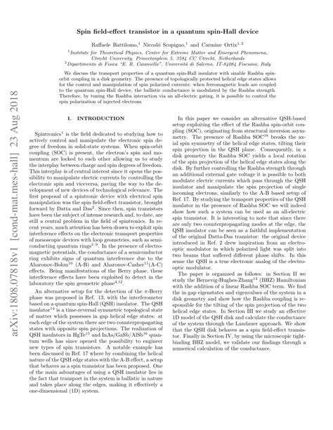 Pdf Spin Field Effect Transistor In A Quantum Spin Hall Device