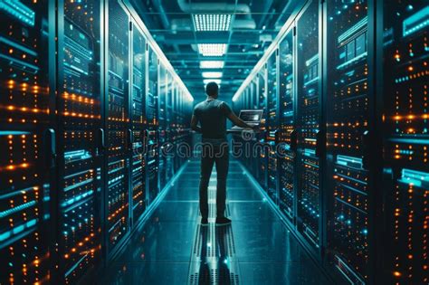 Computer Engineer In Server Room With Laptop Digital Technology And It Support Concept Stock