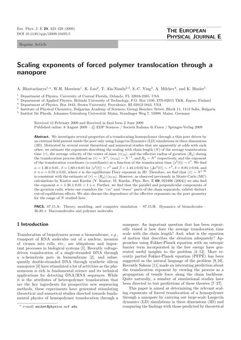 Pdf Scaling Exponents Of Forced Polymer Translocation Through A Nanopore