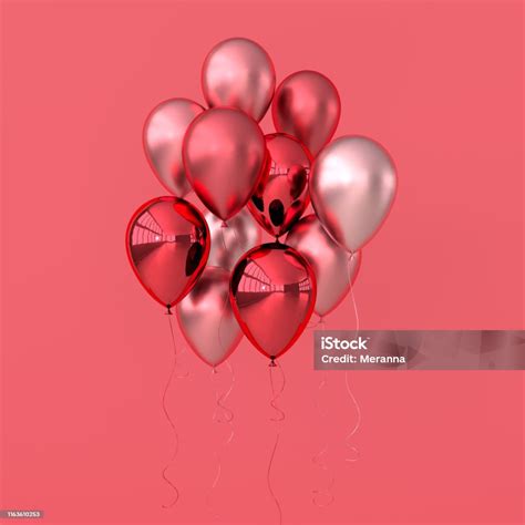 파스텔 색상의 배경에 광택 핑크 빨간색과 장미 황금 풍선의 그림 생일 파티 홍보 소셜 미디어 배너 포스터를위한 빈 공간 3d 렌더링 사실적인 풍선 0명에 대한 스톡 사진 및