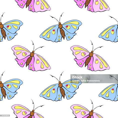 플랫 스타일의 분홍색과 파란색 귀여운 나비의 벡터 원활한 패턴 귀여운 만화 아름 다운 곤충입니다 자연 봄 여름 어린이 인쇄 고립 된 테마의 질감 0명에 대한 스톡 벡터 아트