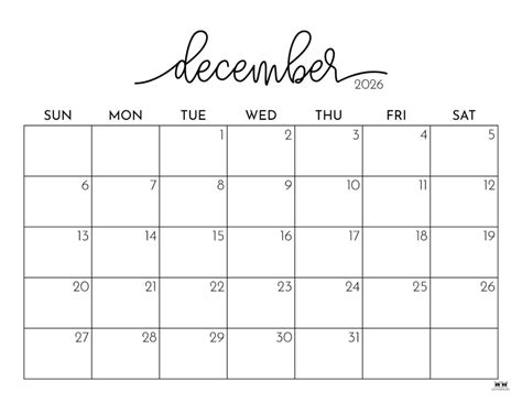 December 2026 Calendars 123 Free Printables Printabulk