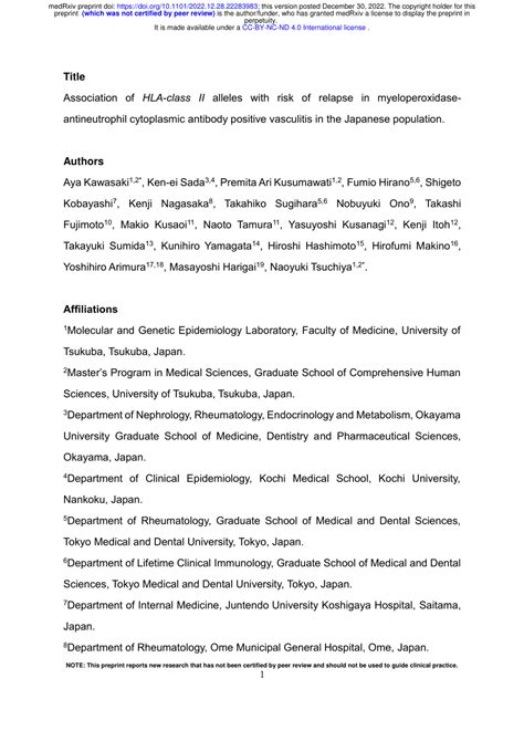 PDF Association Of HLA Class II Alleles With Risk Of Relapse In Myeloperoxidase Antineutrophil