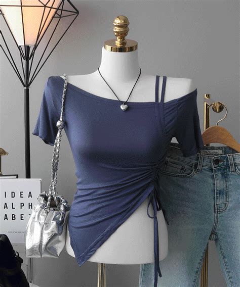 여리핏몸매보정ᰔ스트랩셔링~원숄더오프 언발사선반팔티 더블스트랩셔링언발반팔 에이블리