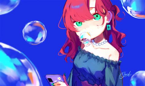 Mihanada Mui Original Highres 1girl Bare Shoulders Bead Necklace Beads Blowing Bubbles