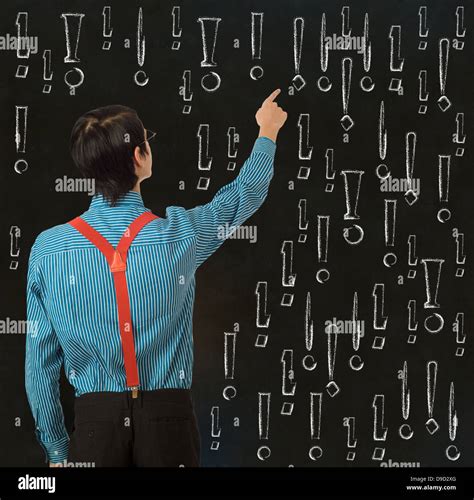 Nerd Geek Businessman Babe Or Teacher With Chalk Exclamation Marks On Blackboard Background