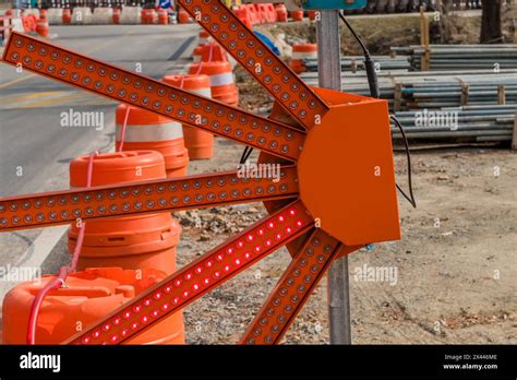Fan Shaped Led Construction Warning Light On Rural Roadside Next To Construction Site In South