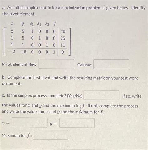 solved a an initial simplex matrix for a maximization