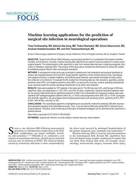 Pdf Machine Learning Applications For The Prediction Of Surgical Site Infection In