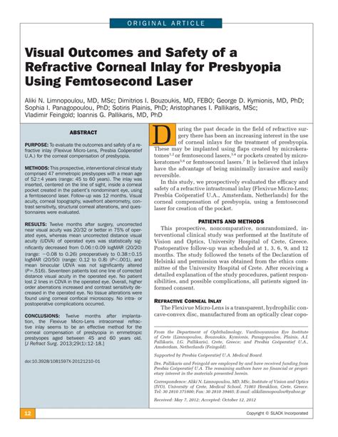 Pdf Visual Outcomes And Safety Of A Refractive Corneal Inlay For Presbyopia Using Femtosecond