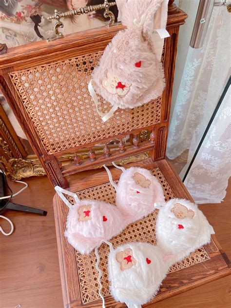 Valentine Fuzzy Bear Lingerie Set Furry Soft Plush Bra Panty Kawaii Babe