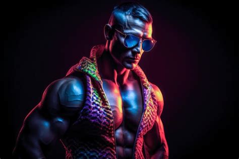 Premium AI Image Sportive Man Bodybuilder Is Posing In The Colorful Neon Light With Naked