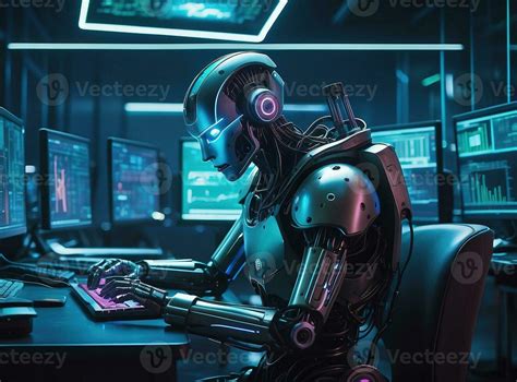 AI Generated Android Artificial Intelligence Robot In Big Data Facility Services Operations In A