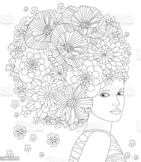 꽃 헤어 스타일 둥근 모양을 가진 아름다운 젊은 여성 여름 꽃이 당신의 색칠 공부 페이지를 위해 어깨 너머를 바라 봅니다 컬러링 북 페이지 일러스트레이션 기법에 대한 스톡