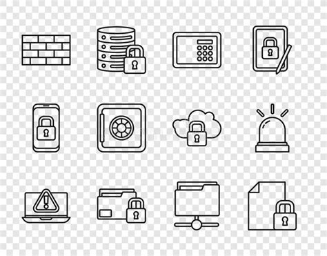 Set Line Laptop With Exclamation Mark Document And Lock Safe Folder Firewall Security Wall