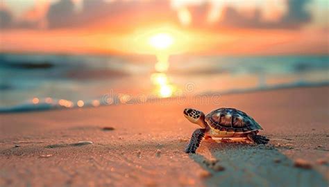Cute Turtle Crawling On Sand Sunset Beauty In Nature Stock