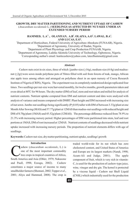 Pdf Growth Dry Matter Partitioning And Nutrient Uptake Of Cashew Anacardium Occidentale L