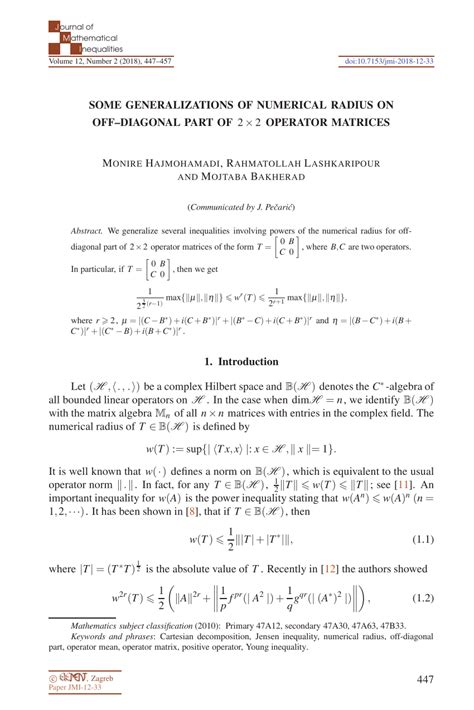 Pdf Some Generalizations Of Numerical Radius On Off Diagonal Part Of 2 × 2 Operator Matrices