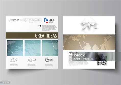 두 정사각형 형식의 편집 가능한 레이아웃의 최소한의 벡터 일러스트 레이 션 브로셔 전단지 책자에 대 한 디자인 서식 파일을 다룹니다 분자 구조와 화학 패턴입니다 의학 Dna