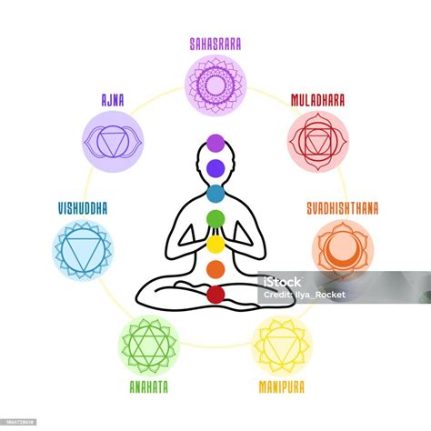 연꽃 자세로 앉아있는 몸의 실루엣 나마스테 무드라의 손과 7 개의 차크라 흰색 배경에 고립된 명상 기호입니다 벡터 일러스트 레이