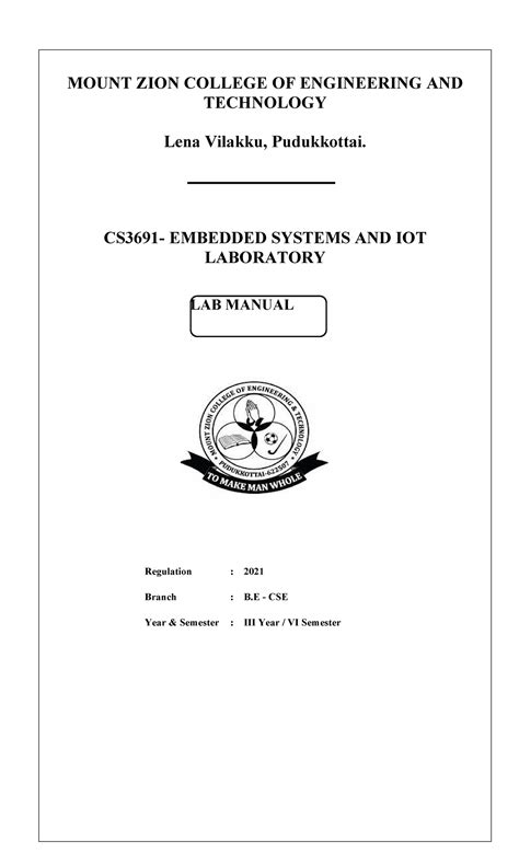 Cs3691 Embedded Systems And Iot Lab Manual With Experiments And