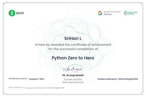 Srihari L On Linkedin Certificate Of Excellence In Phython Machine Learningdeep Learning